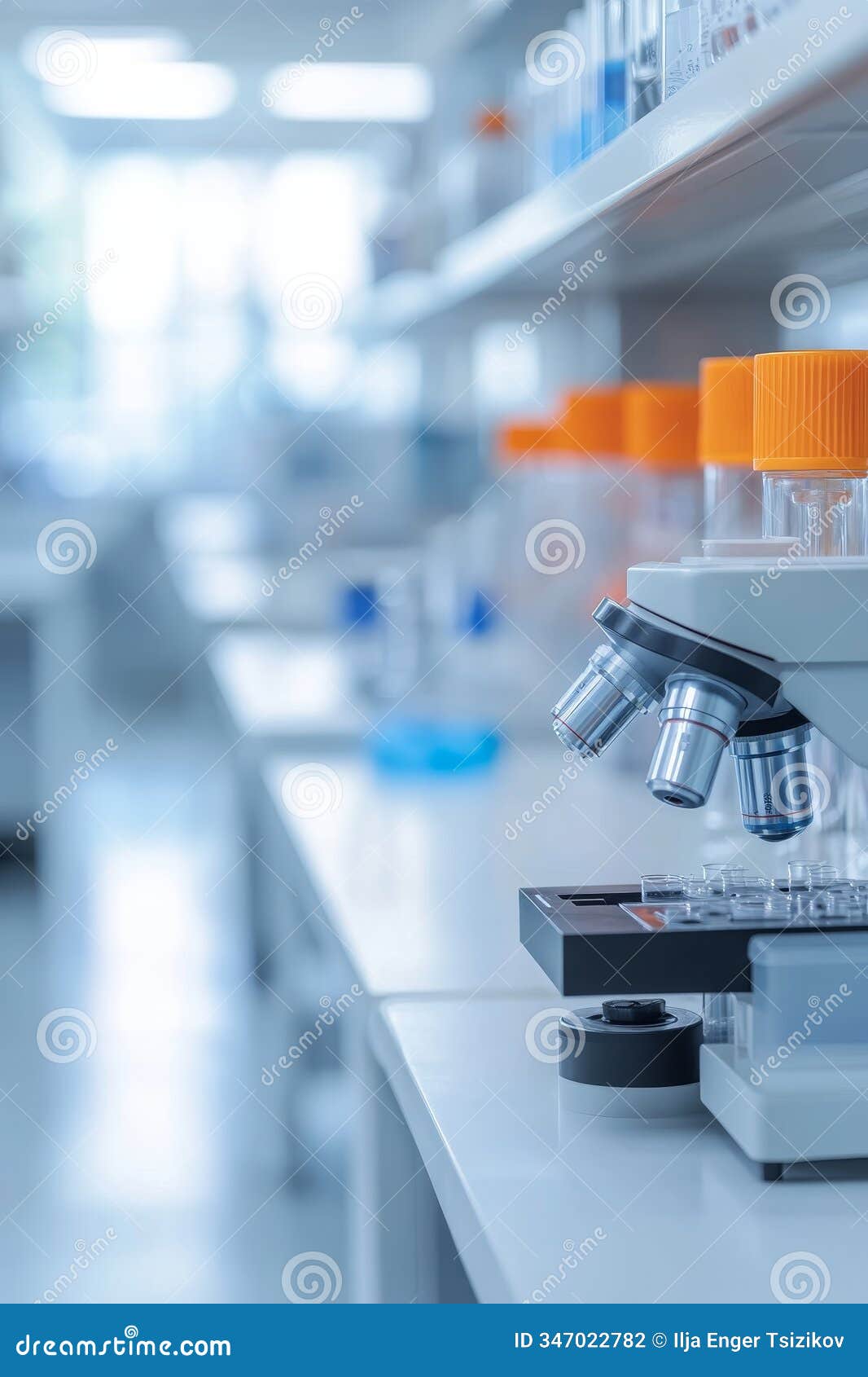 Modern Laboratory Research Microscope, Empty Table with Blurred Science ...