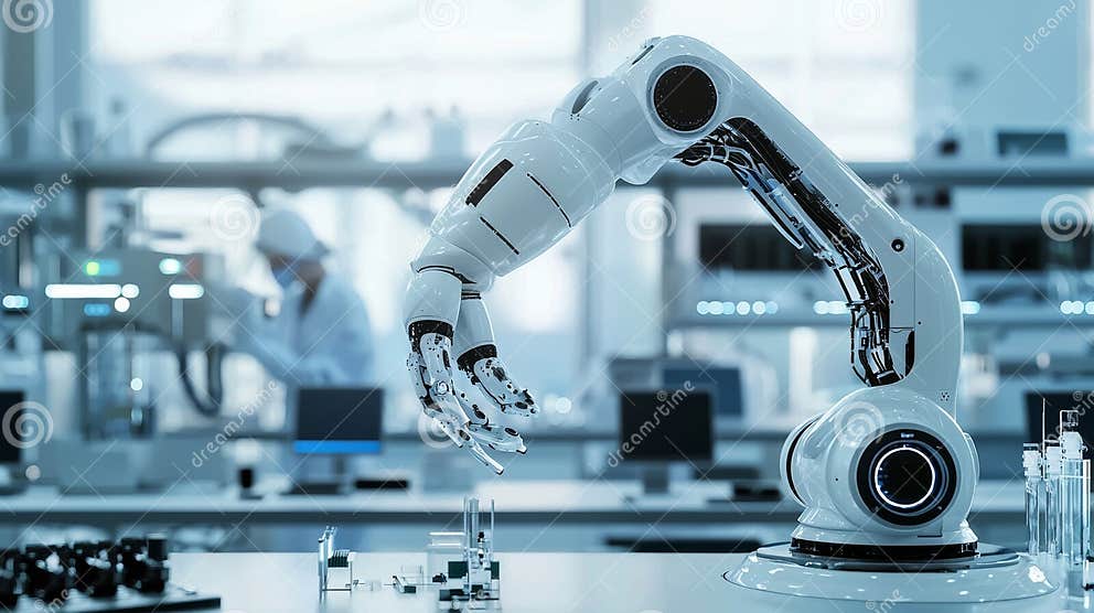 In a Modern Laboratory, a Robot Arm Analyzes Precise Data during a ...
