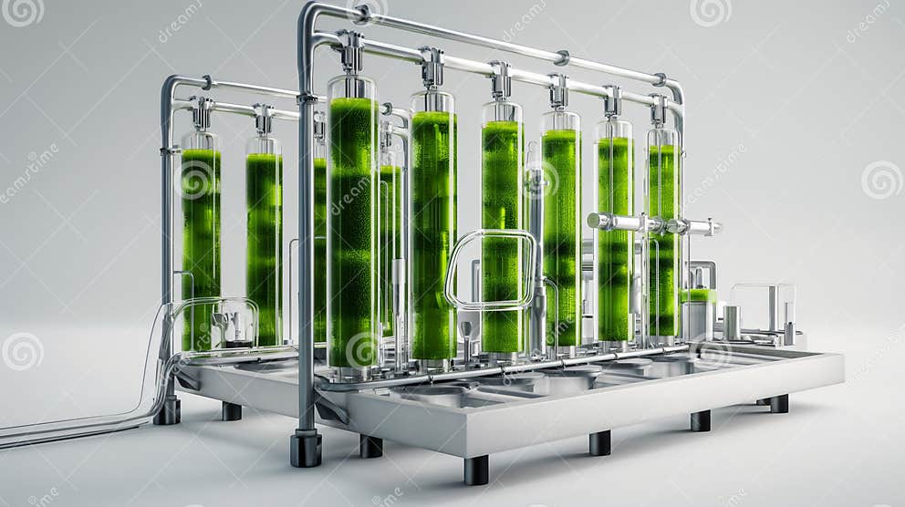 Modern Laboratory Setup Featuring Cylindrical Bioreactors Cultivating Green Algae, Showcasing ...