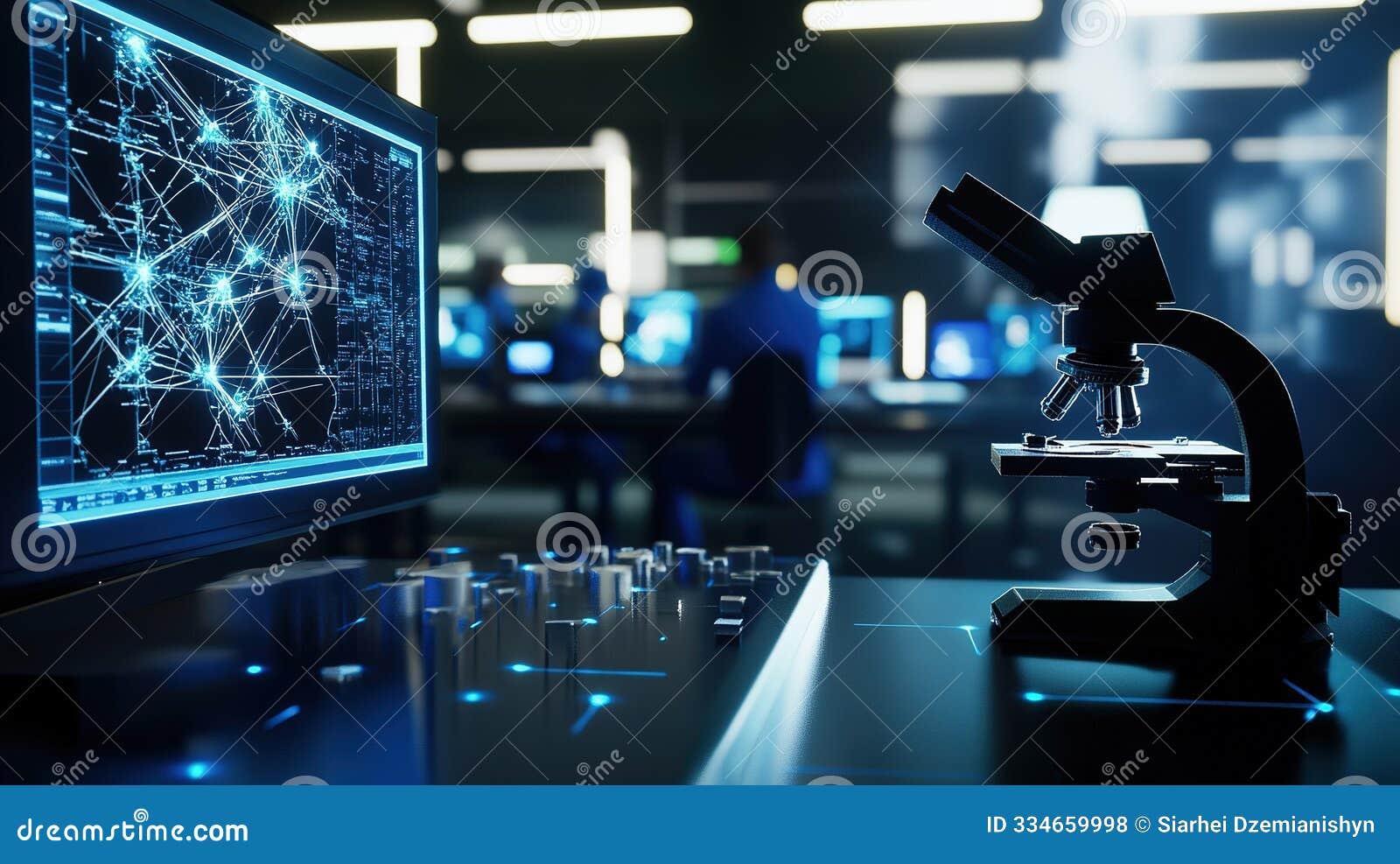 Modern Laboratory Setup with Microscope, Computer Displays, and Data ...