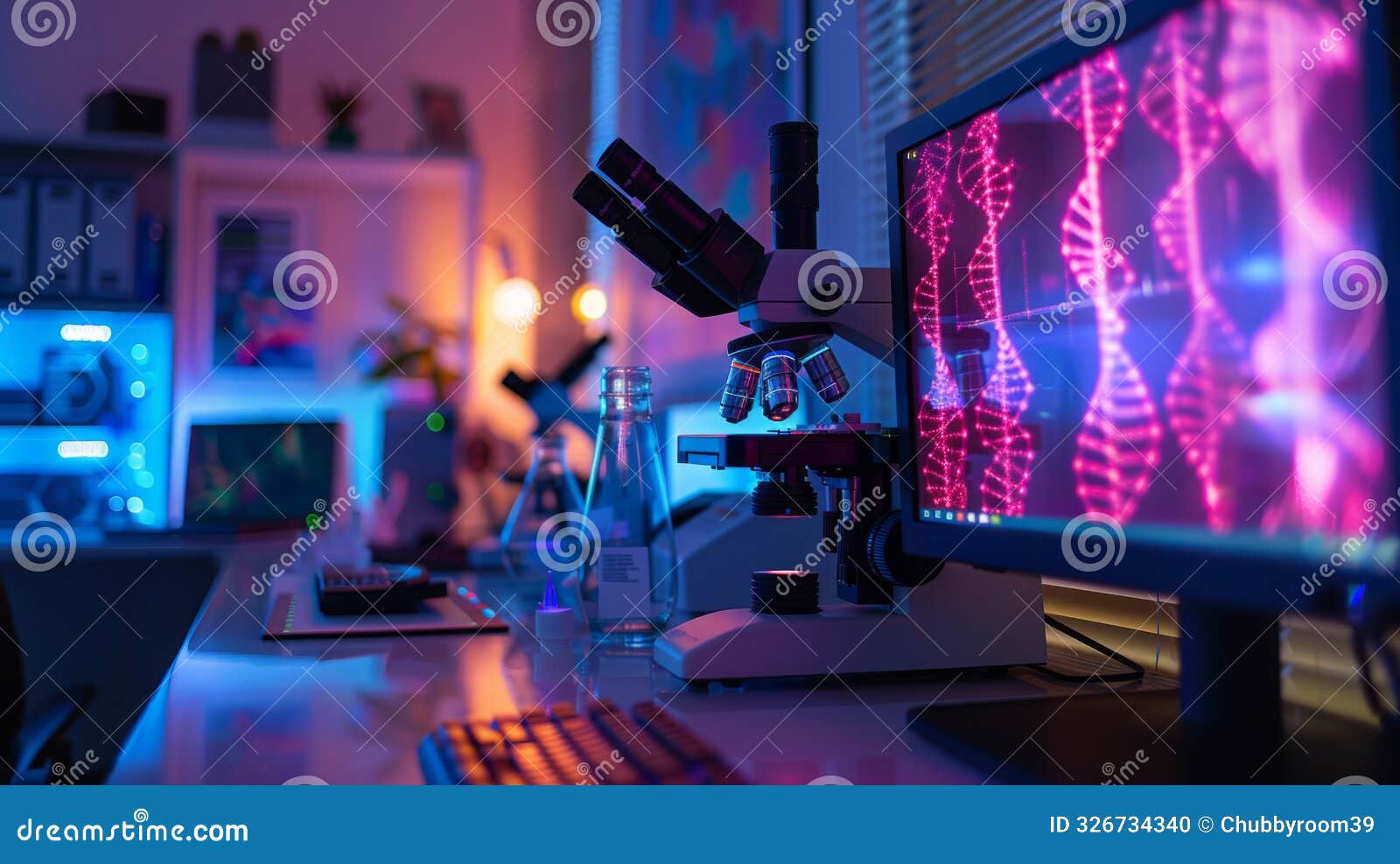 A Modern Laboratory Setup with a Microscope and Two Computer Monitors ...