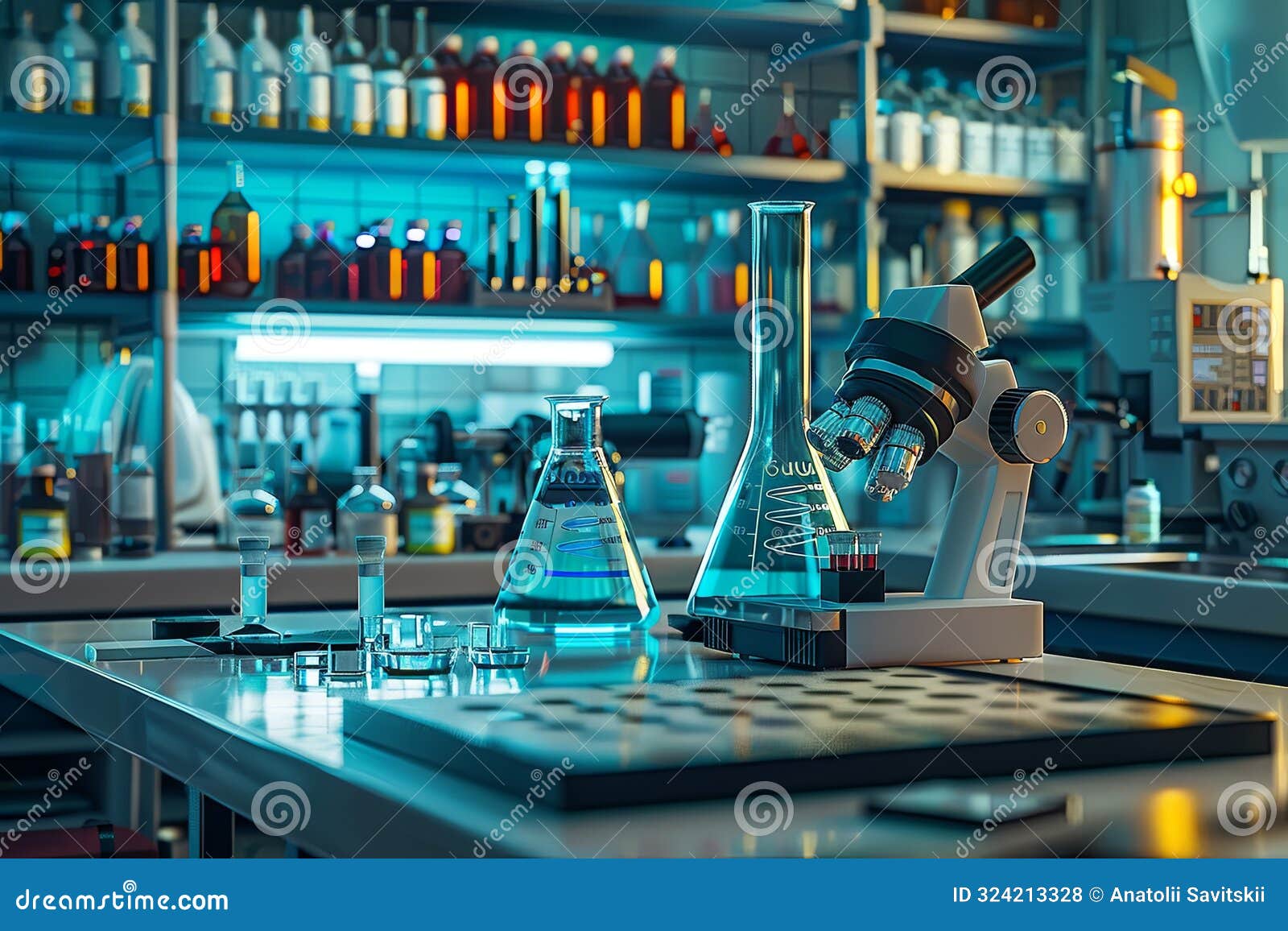 A Modern Laboratory Workspace with Beakers, Flasks, and a Microscope on ...