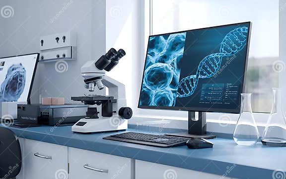 A Modern Laboratory Workspace Featuring a Microscope, a Computer ...