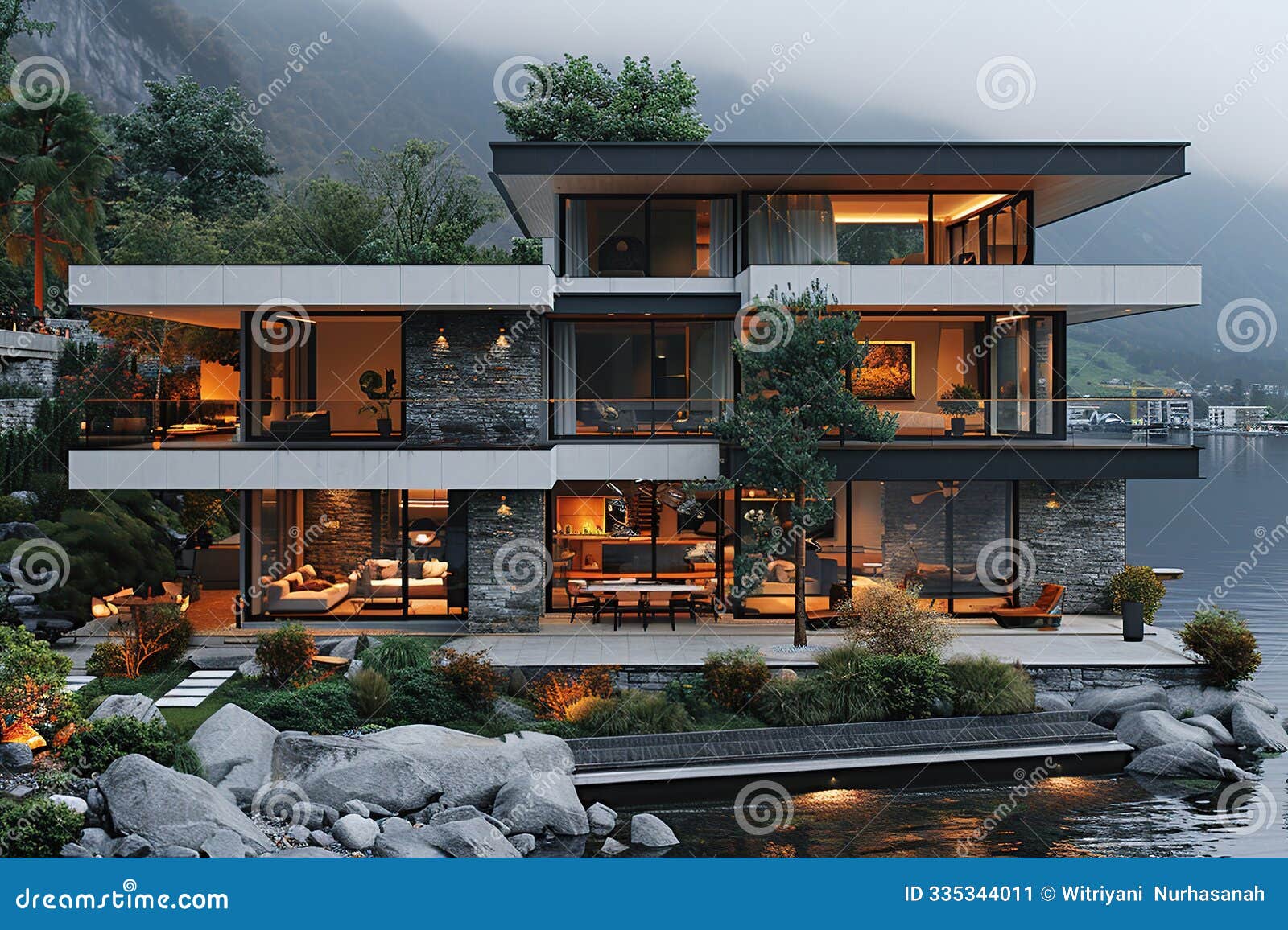 Modern Lakeside Villa stock illustration. Illustration of view - 335344011
