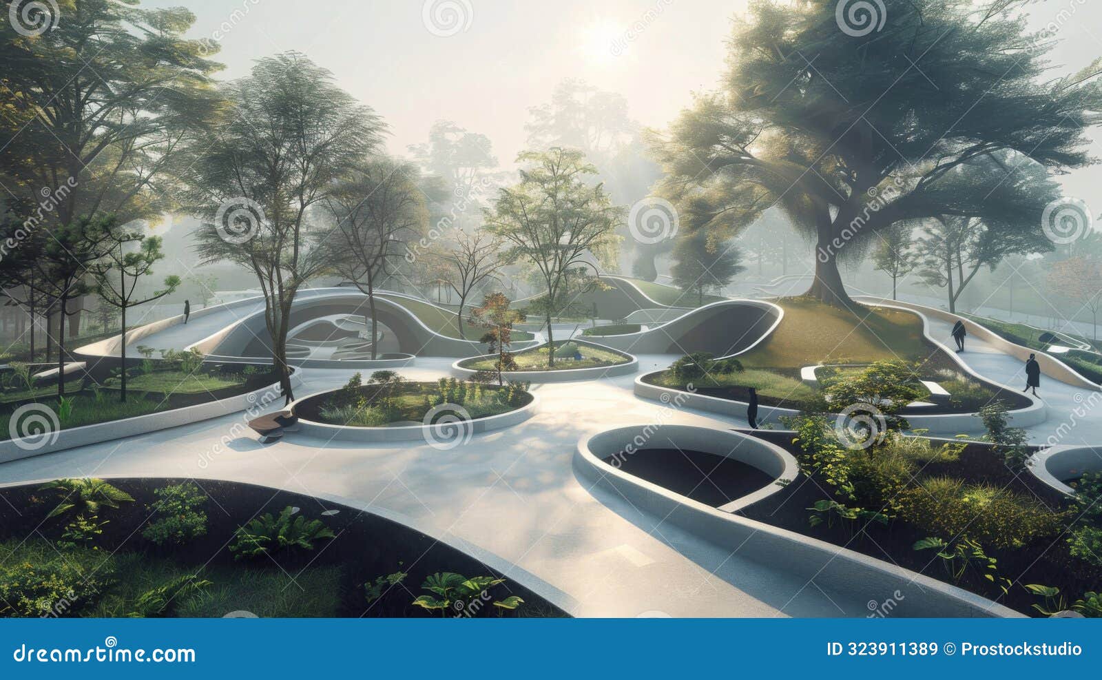 Modern Landscape Design with Curved Paths and Trees Stock Image - Image ...