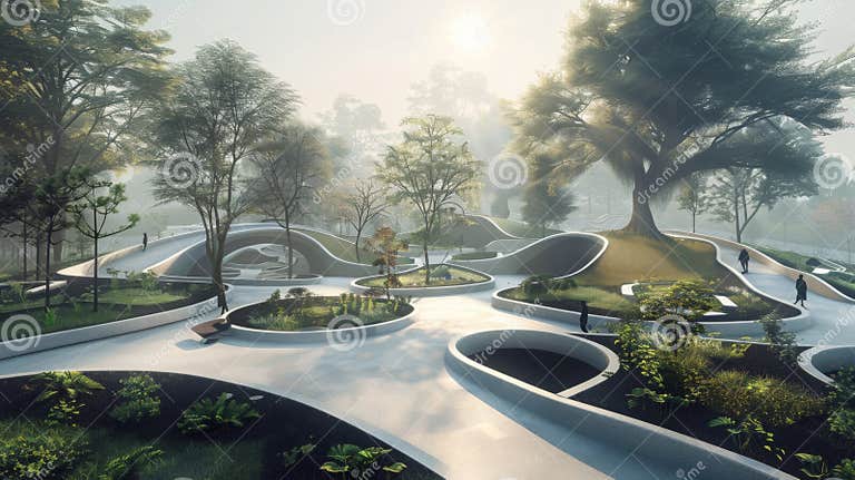 Modern Landscape Design with Curved Paths and Trees Stock Image - Image ...