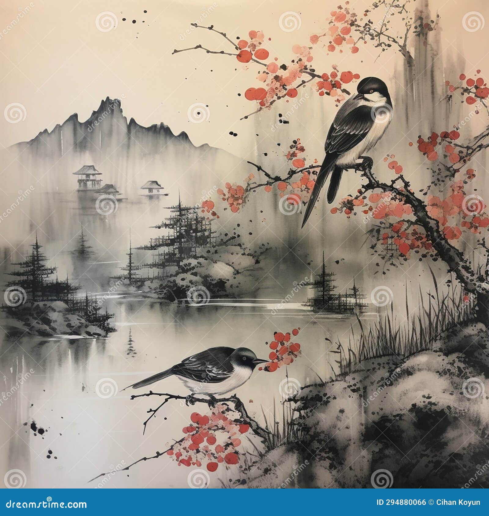 Modern Landscape Sumi-e Ink Painting Stock Illustration - Illustration ...