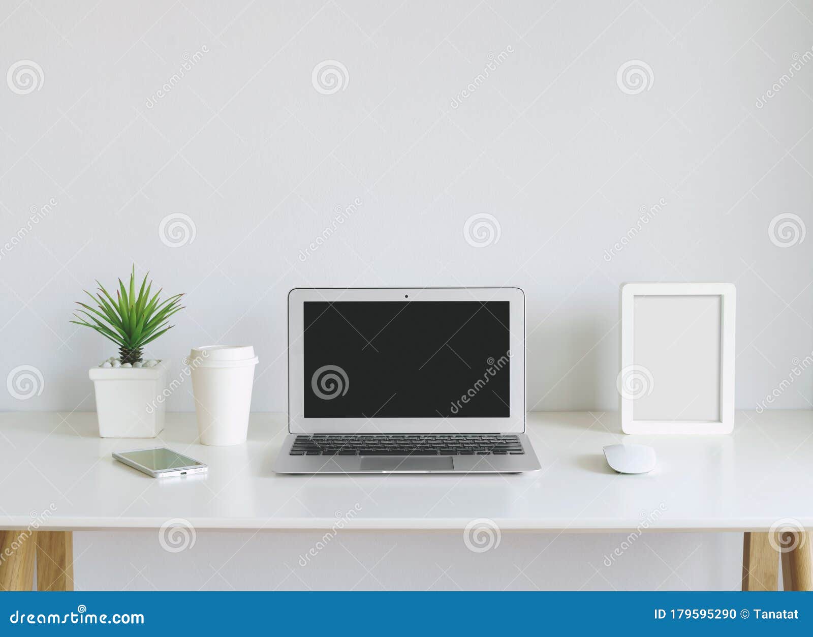 Modern Lap Top Template Mock Up on White Desk with Blank Screen Stock ...
