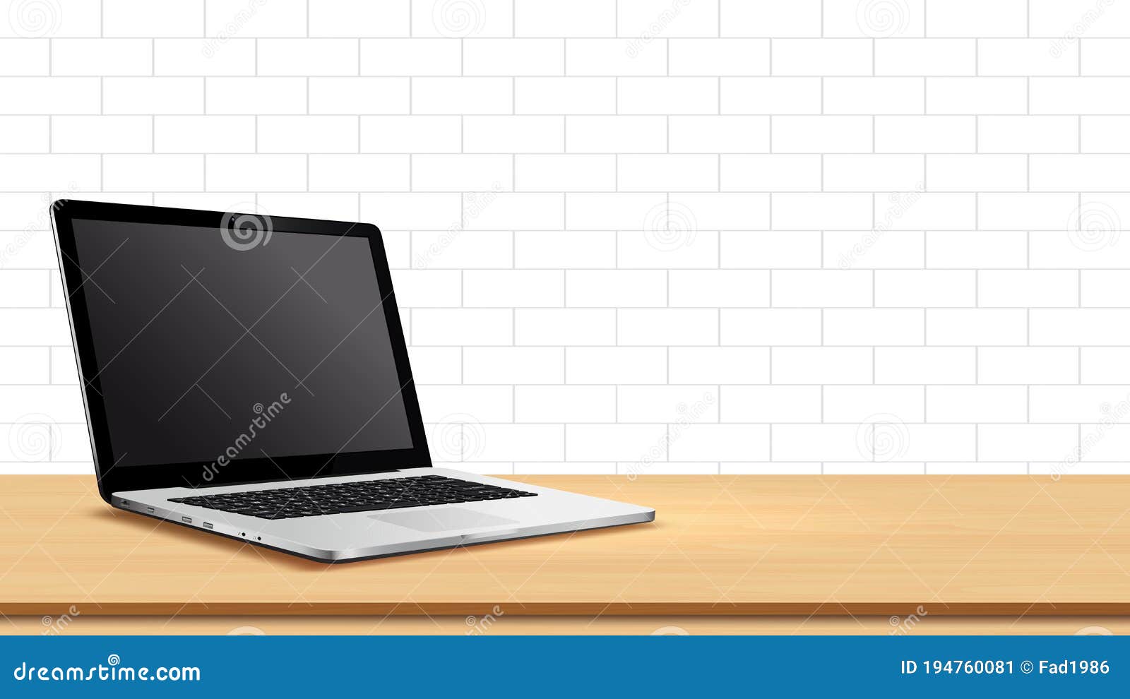 Modern Laptop with Blank Screen on Table Against Brick Wall Stock ...