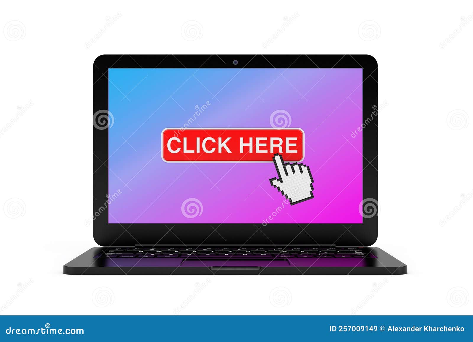 Modern Laptop Computer with Click Here Link To Website Button and Pixel ...