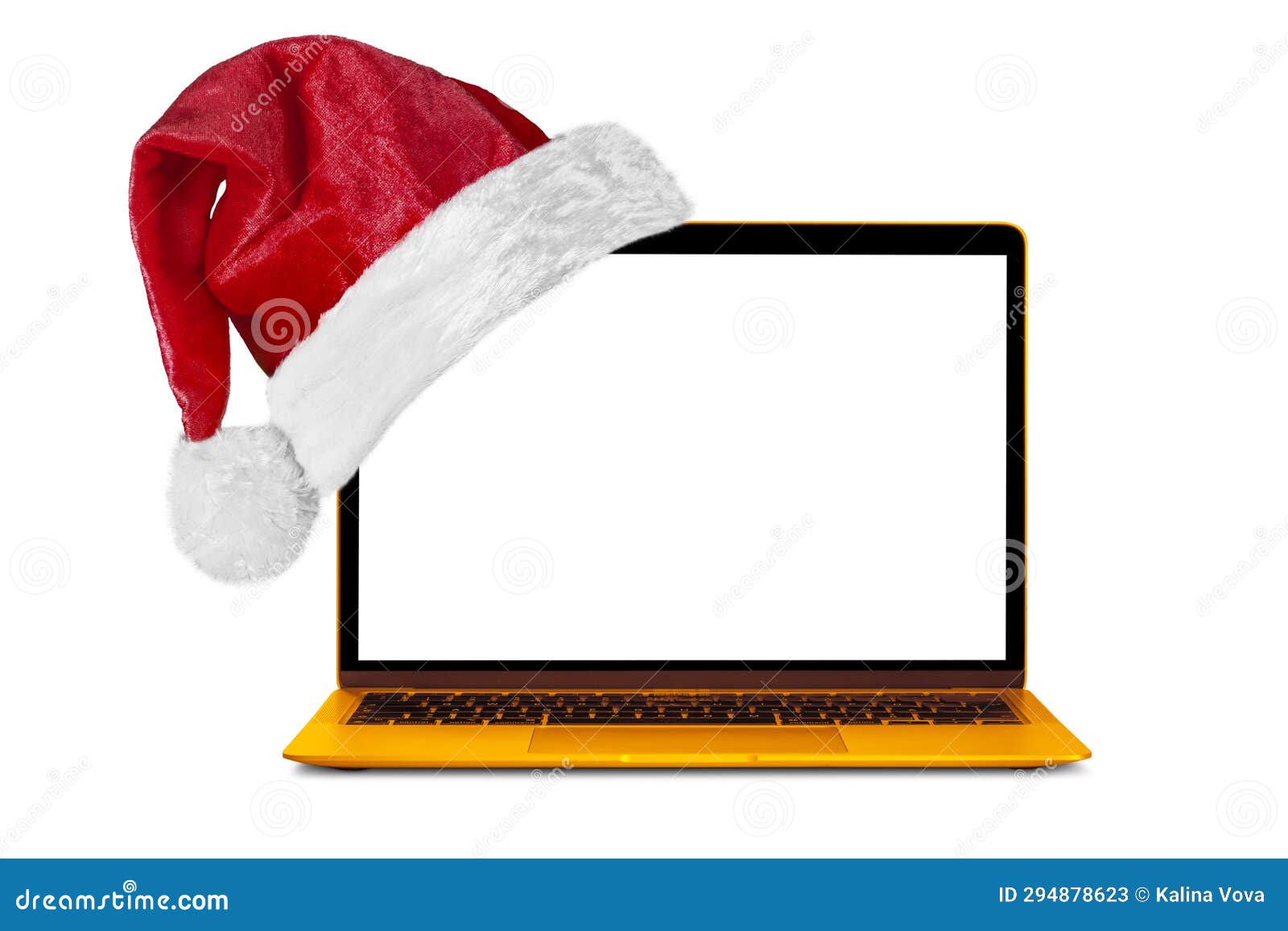 A Modern Laptop Computer with a Santa Claus Hat for Christmas Stock ...