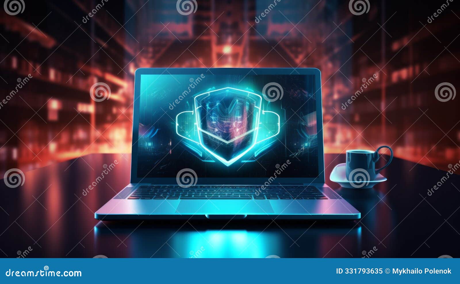 Modern Laptop with Cyber Security Safety Locker on Display. Neural ...