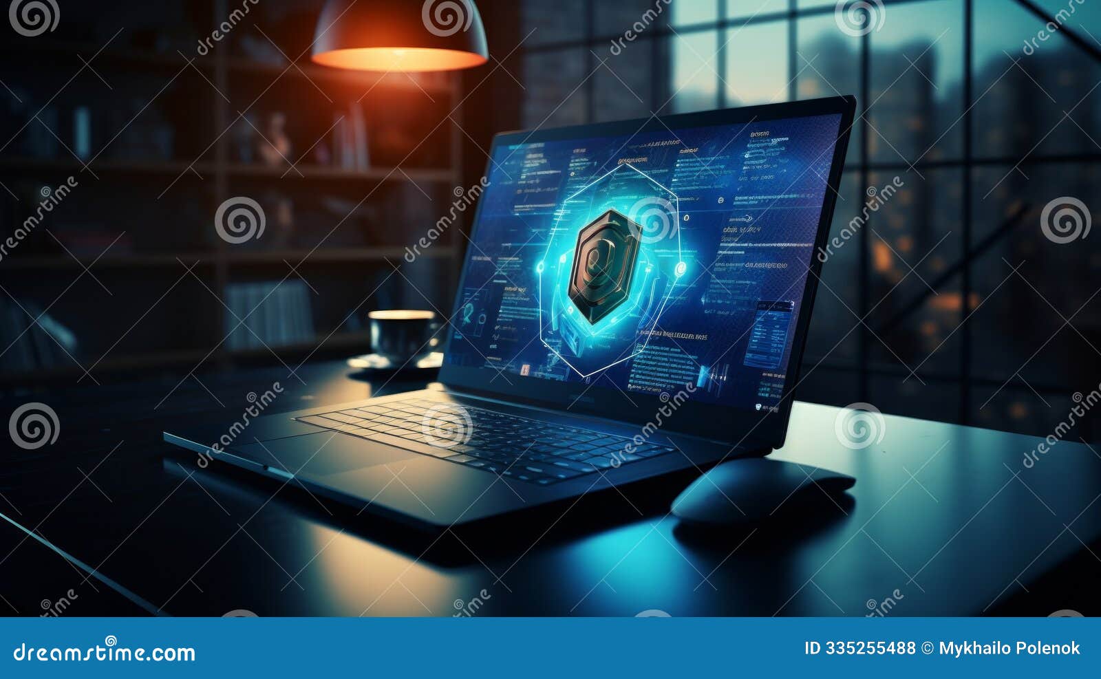 Modern Laptop with Cyber Security Safety Locker on Display. Neural ...