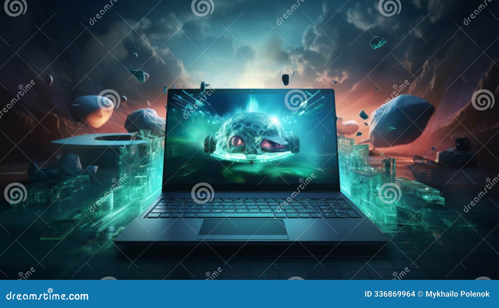 Modern Laptop with Cyber Security Safety Locker on Display. Neural ...