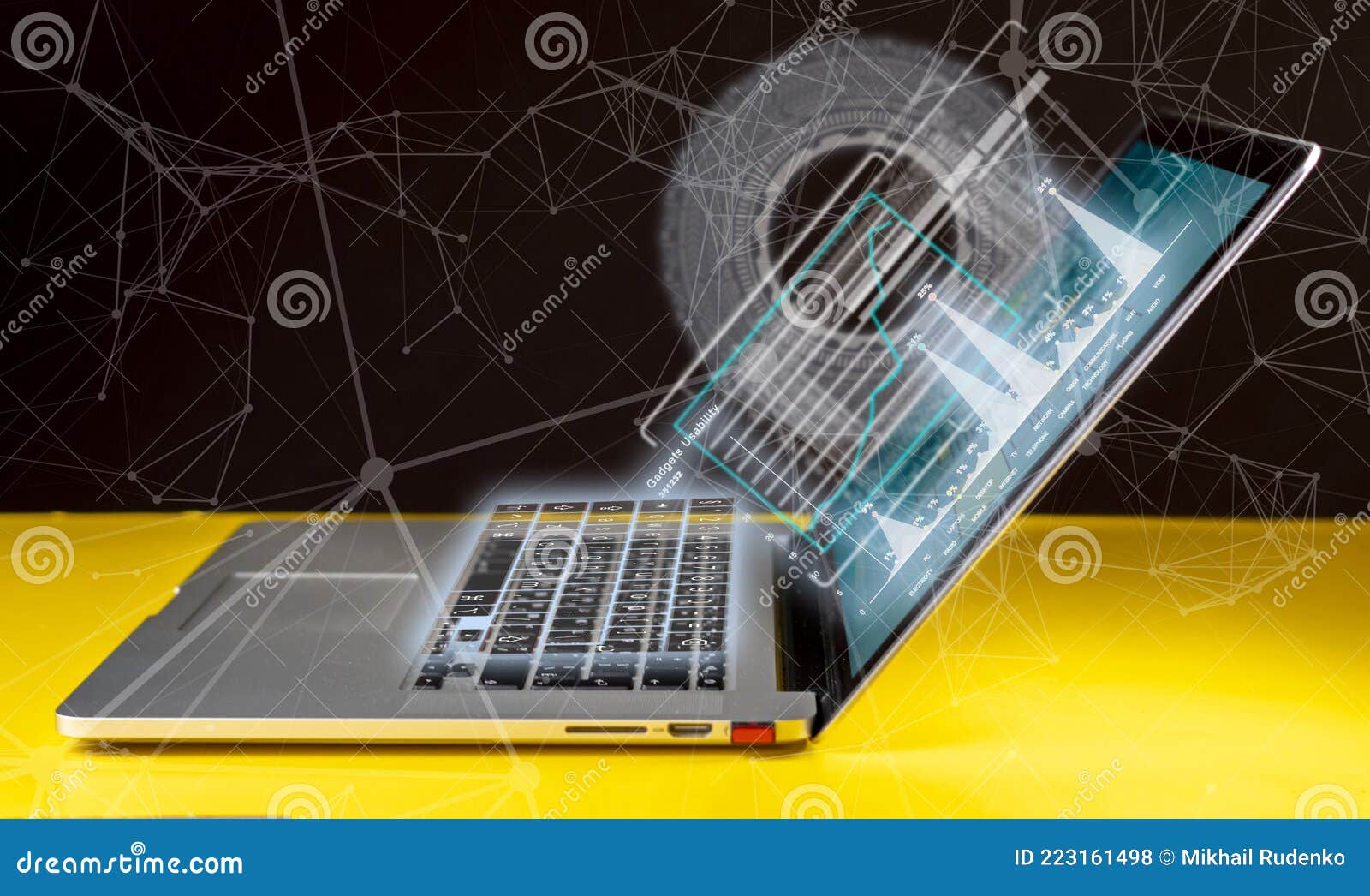 Modern Laptop with 3d Hud on the Table B Stock Photo - Image of work ...
