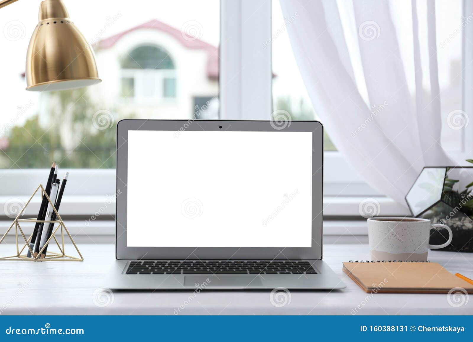 Modern Laptop on Desk Near Window Stock Image - Image of minimal ...