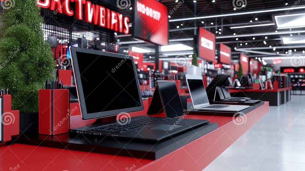 Modern Laptop Display Showcase in Red and Black Tech Store Interior ...