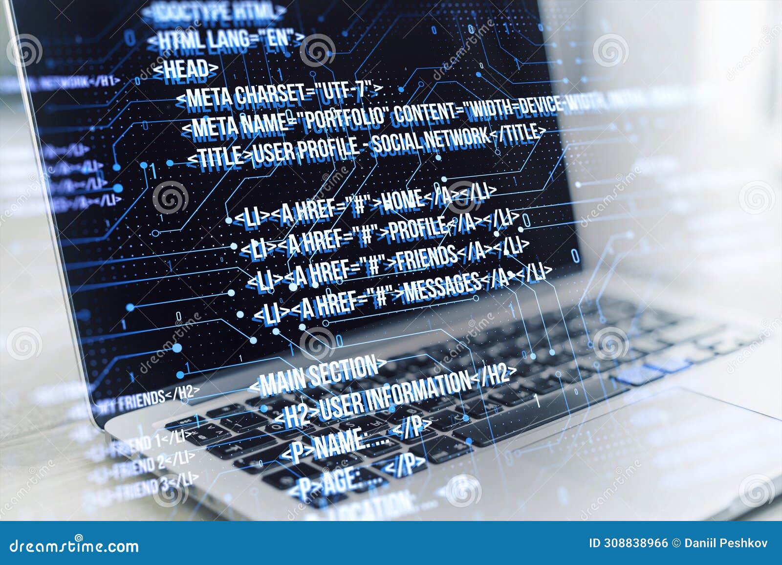 A Laptop Displaying Html Coding Language On The Screen With Graphical User Interface Elements