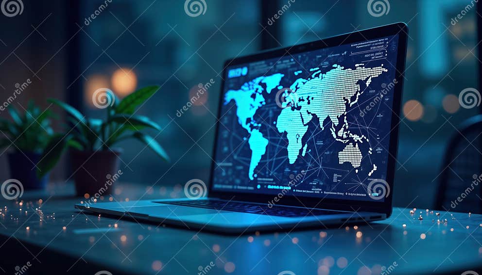 Modern Laptop Displays Global Network Connections. Advanced Tech ...