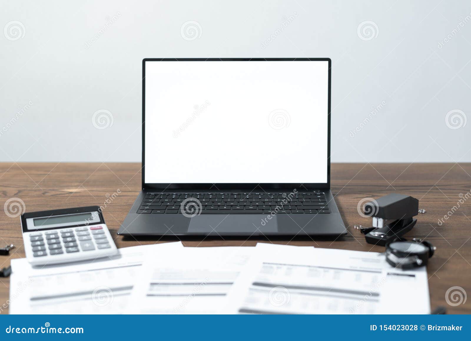 Modern Laptop and Documents on Wooden Table Stock Photo - Image of ...
