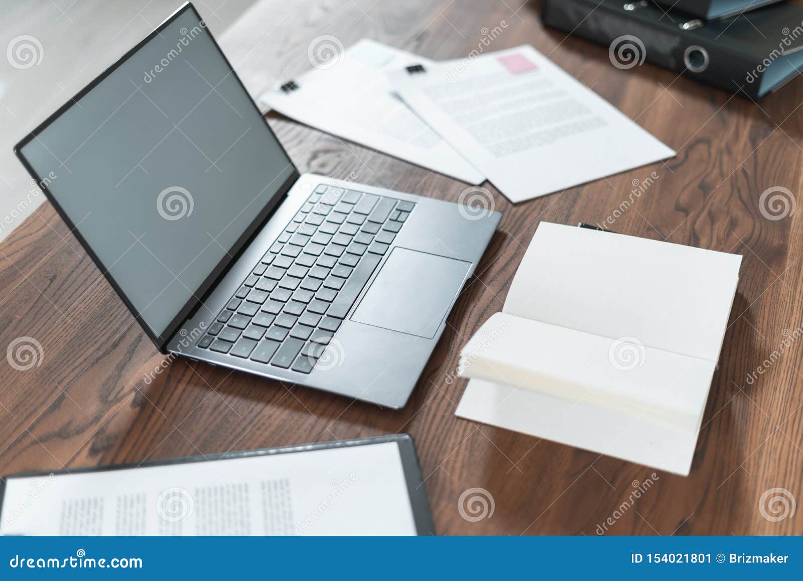 Modern Laptop and Documents on Wooden Table Stock Image - Image of ...