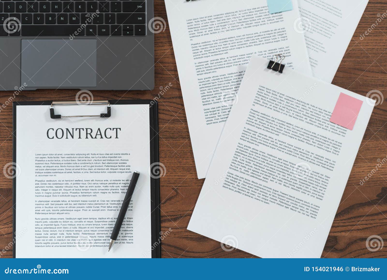 Modern Laptop and Documents on Wooden Table Stock Photo - Image of wood ...