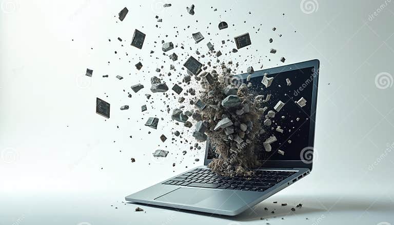 Modern Laptop Explodes in Dramatic Digital Explosion. Computer Parts ...
