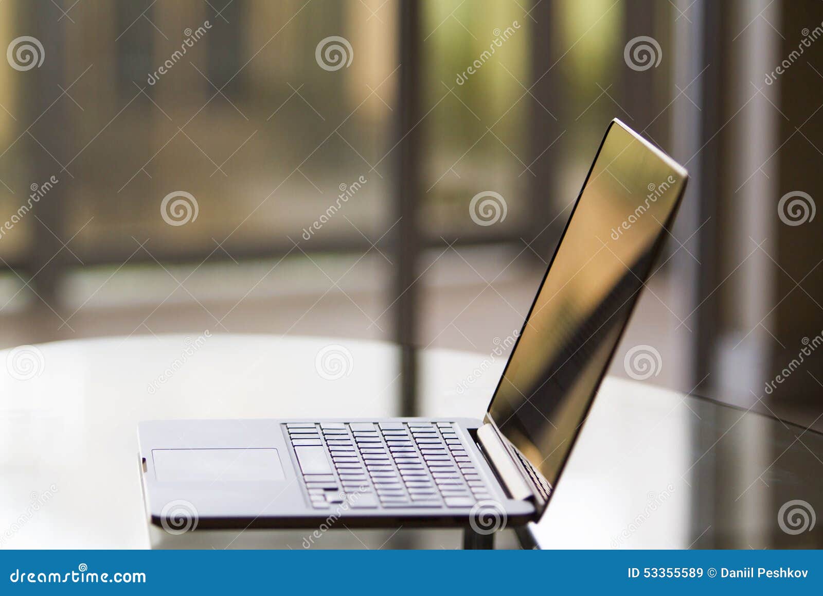 Modern Laptop on Glass Table at Sunrise Stock Image - Image of display ...