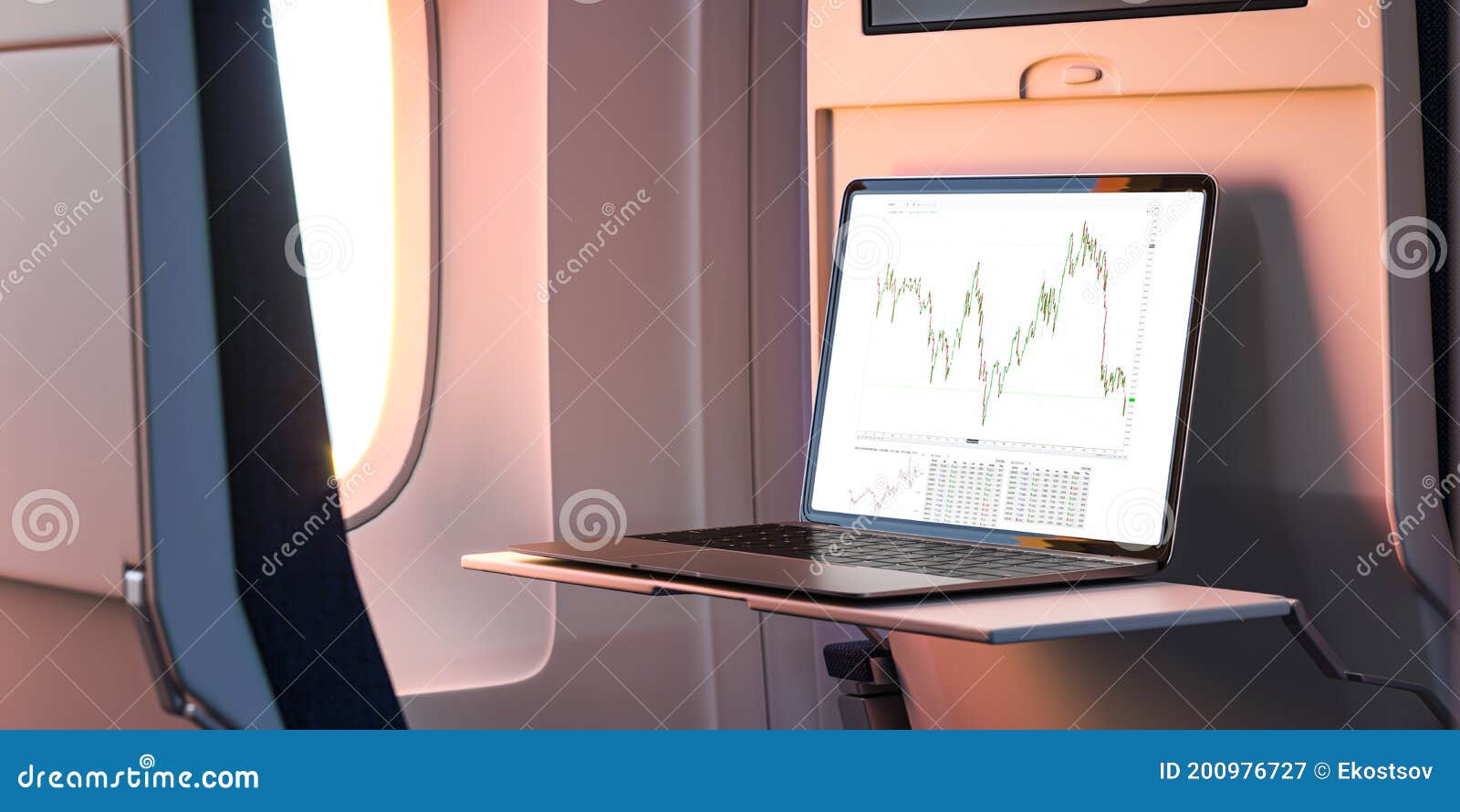 Modern Laptop with Graphics at Screen in Airplane Interior. Working ...