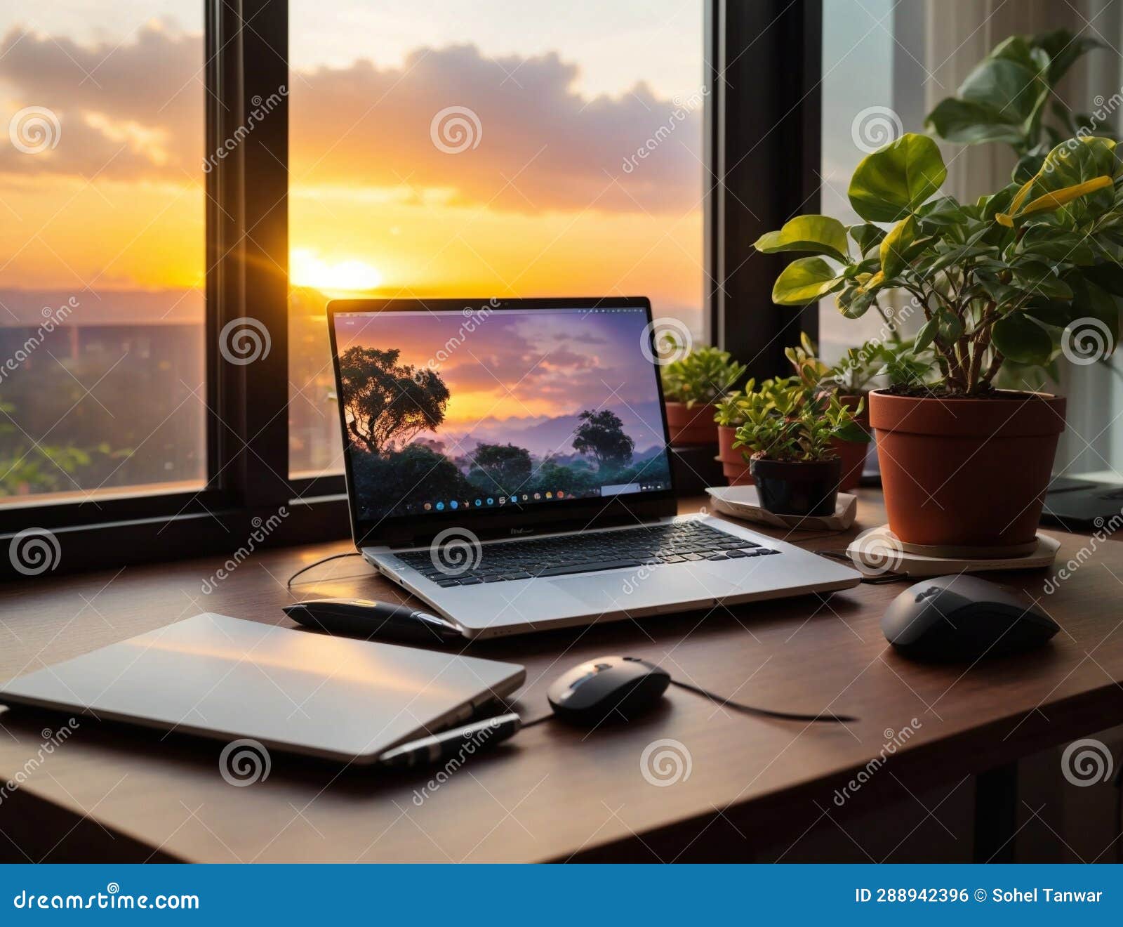 Modern Laptop with Screen on Table Against Blurred Sunset Background ...