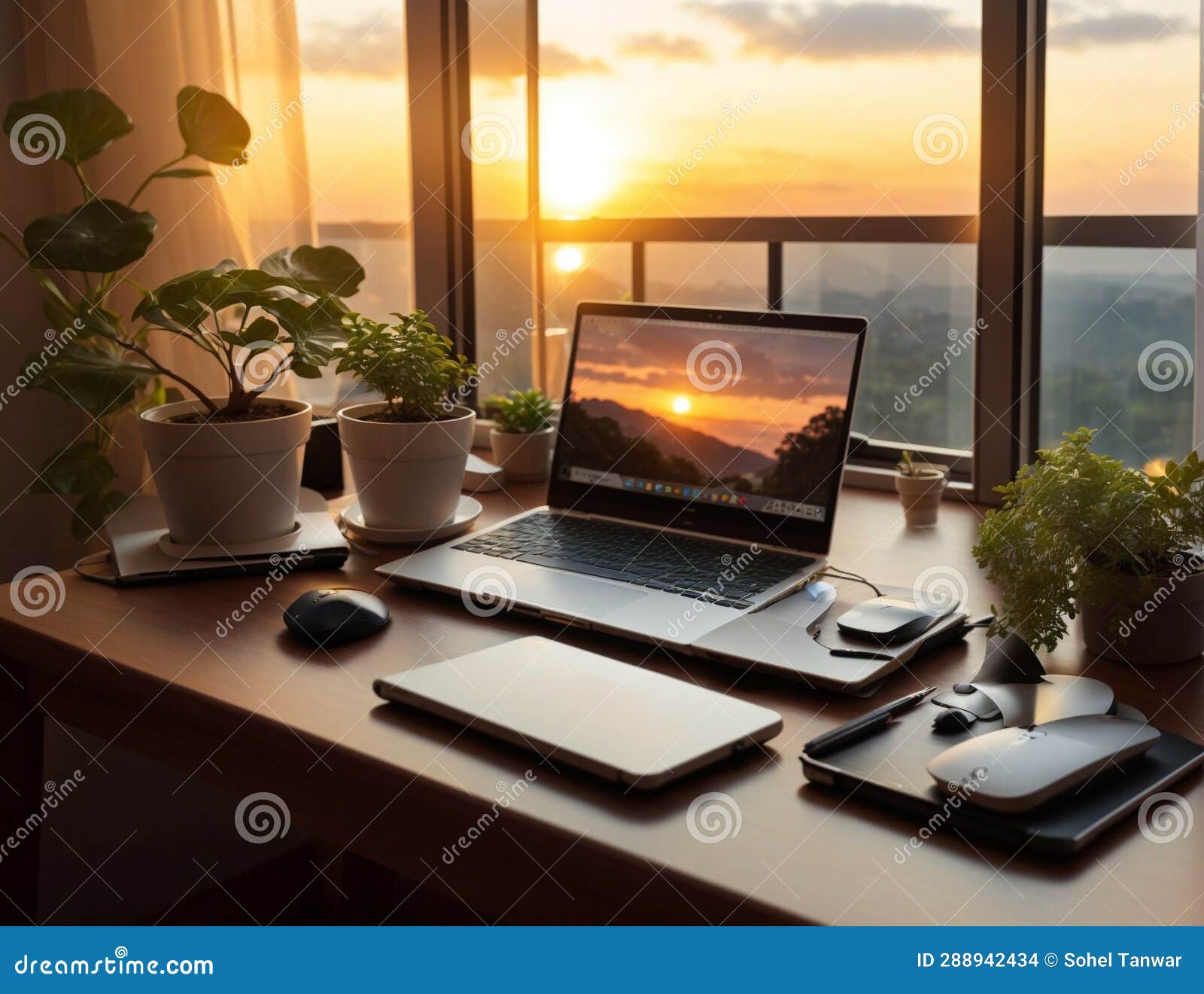 Modern Laptop with Screen on Table Against Blurred Sunset Background ...