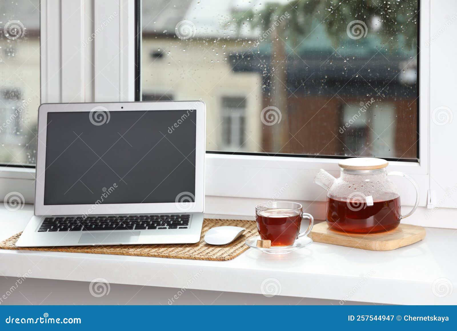 Modern Laptop and Tea on White Sill Near Window Stock Image - Image of ...
