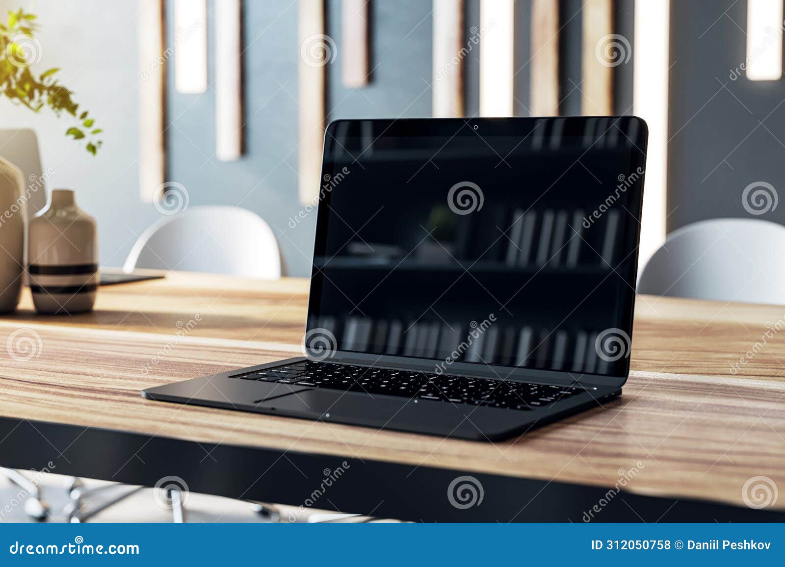 A Modern Laptop on a Wooden Desk, Interior Office Setting, Smooth and ...