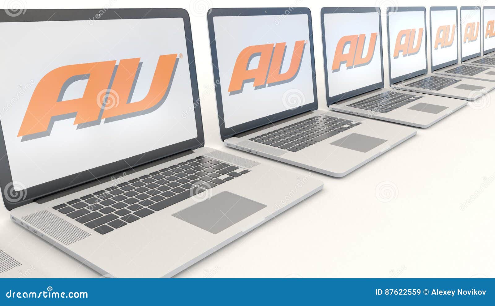 Modern Laptops with Au Mobile Phone Company Logo. Computer Technology ...
