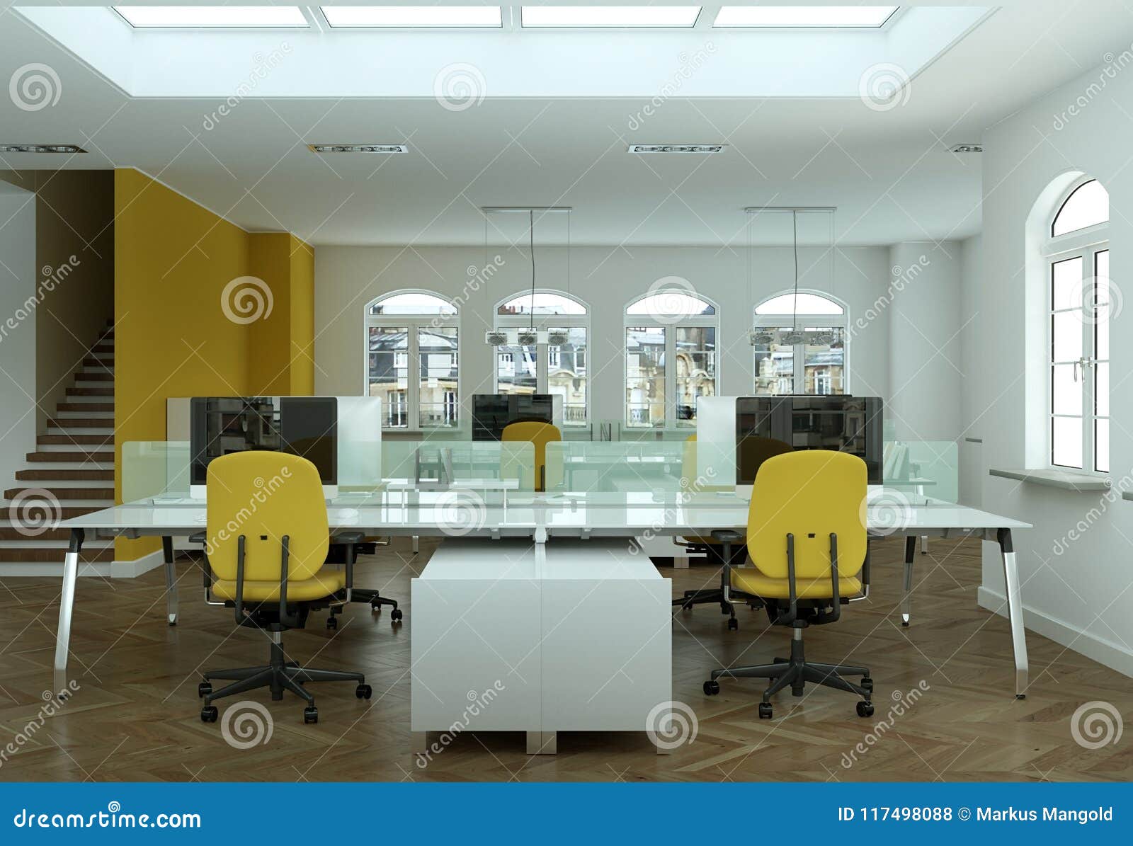 Modern Yellow Office Interior Design 3d Rendering Stock Illustration ...