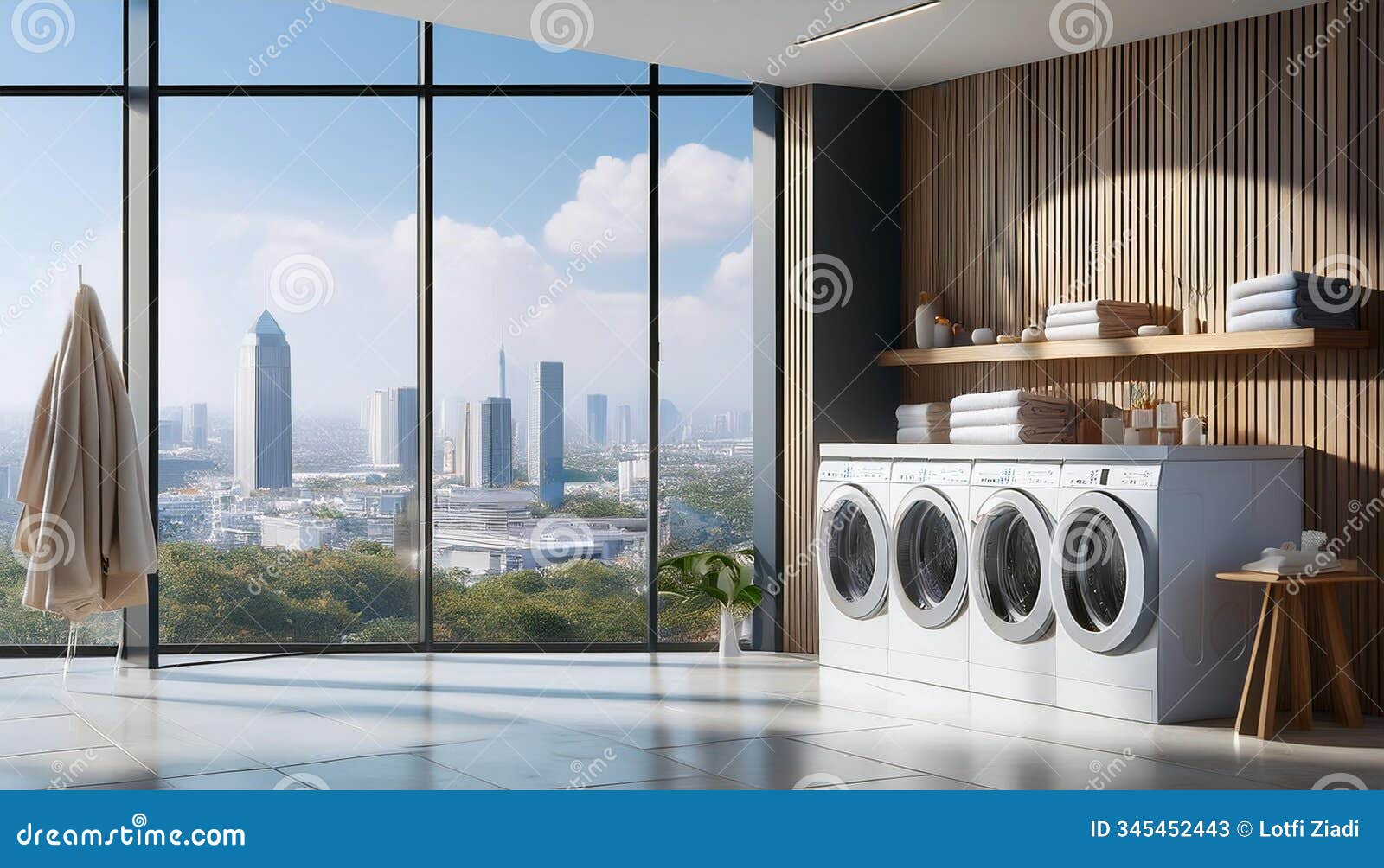Modern Laundry Room with City View and Sleek Design. 3D Rendering Stock ...