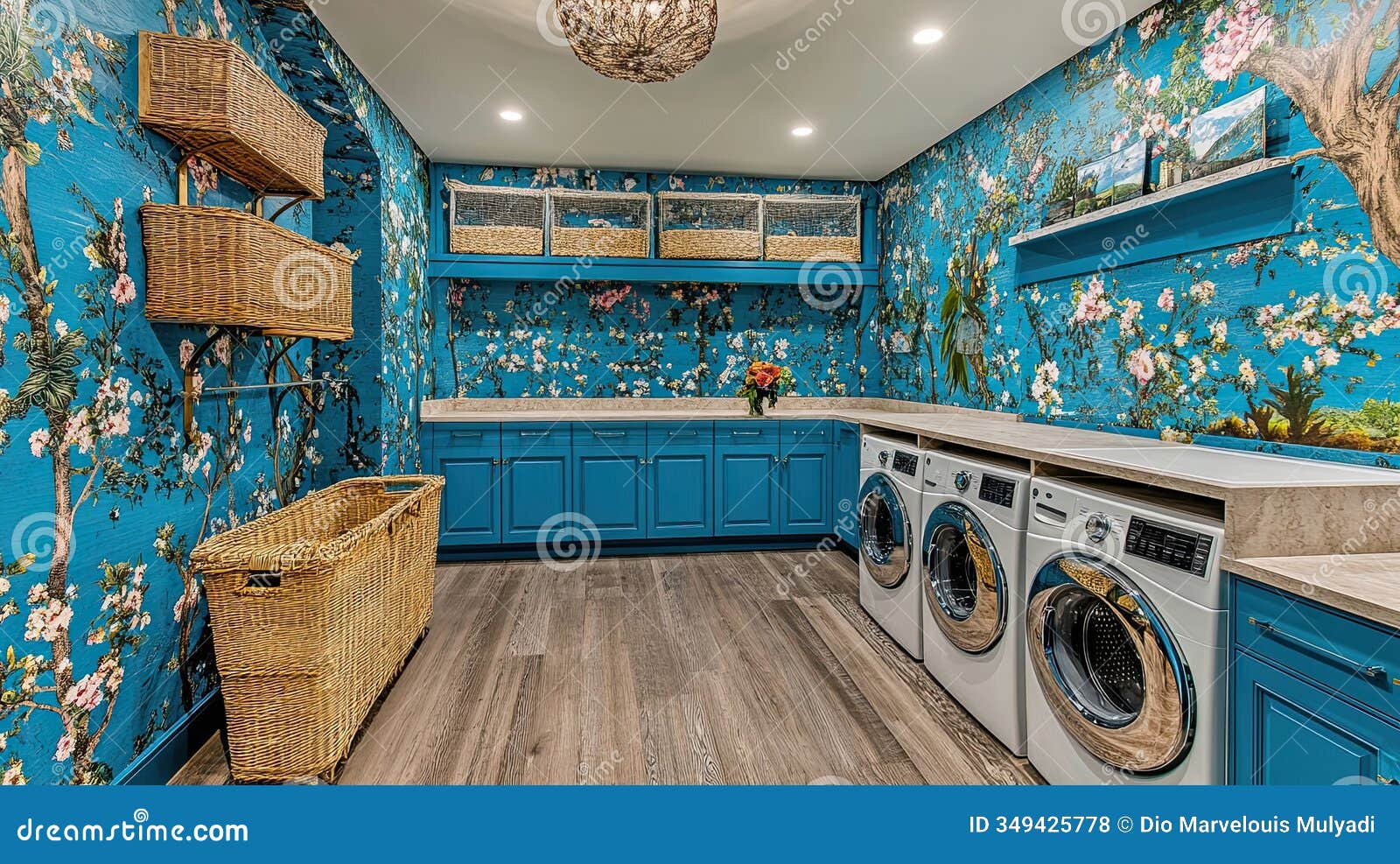 Modern Laundry Room Design with Floral Wallpaper Stock Illustration ...
