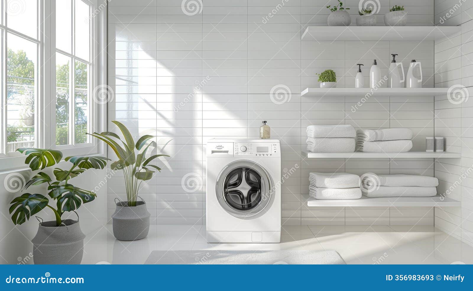 Modern Laundry Room Interior, Front-loading Washing Machine, Organized ...