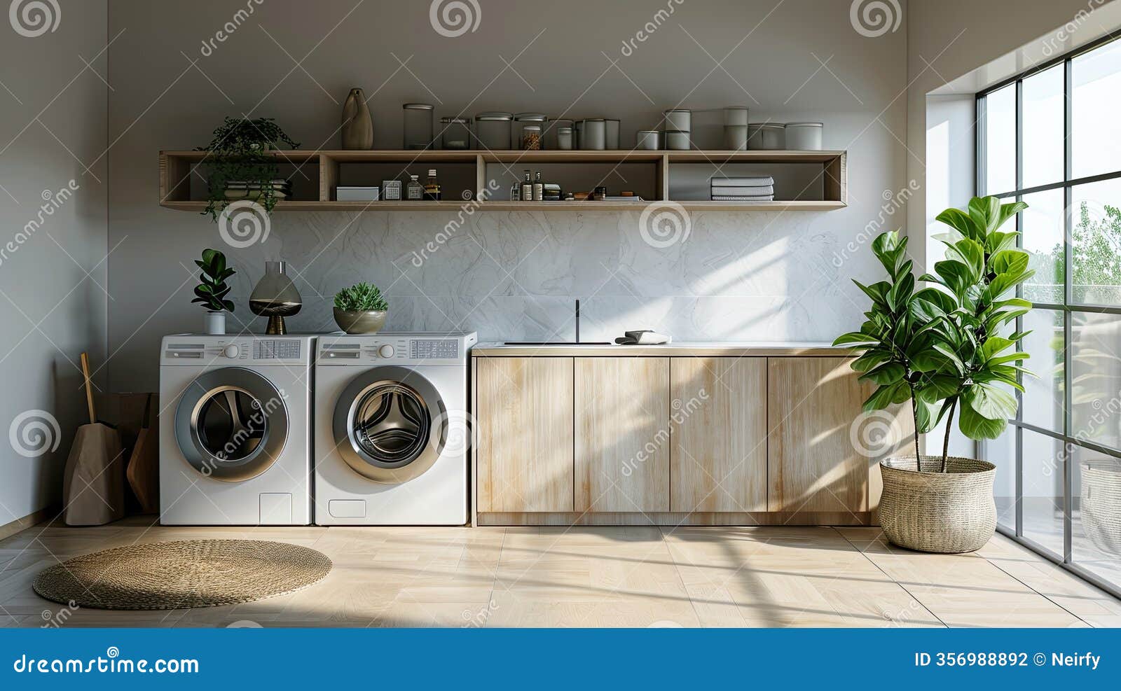 Modern Laundry Room Interior, Front-loading Washing Machine, Organized ...