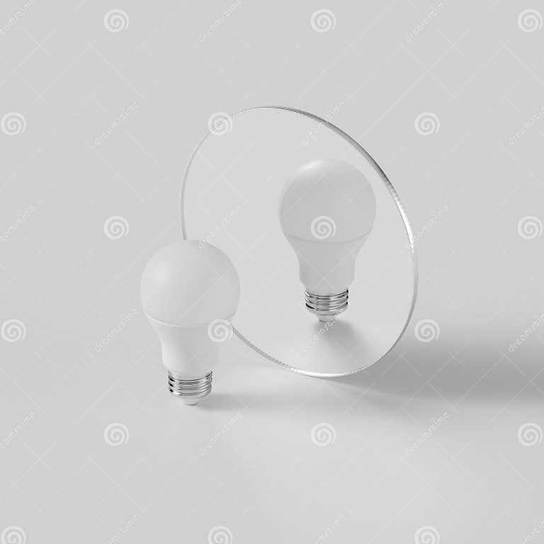 Modern LED Light Bulb in Reflection in the Mirror on a White Background ...