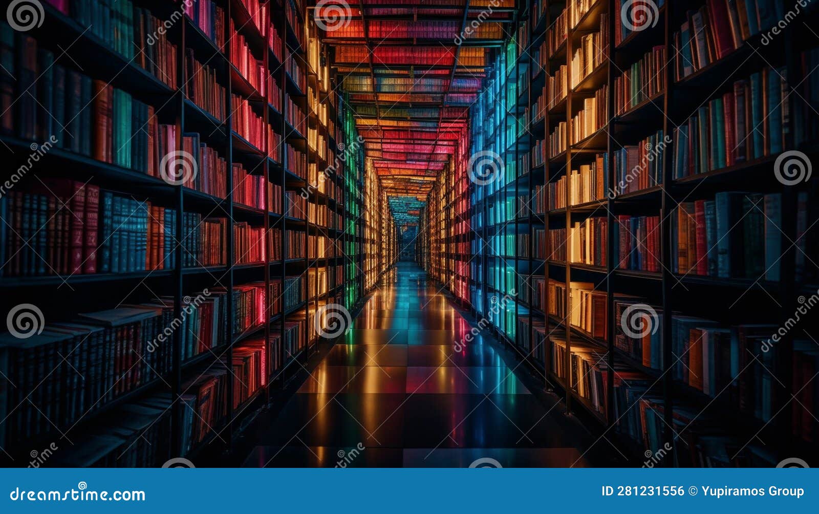 Modern Library Bookshelf with Science and Literature Data in a Row ...