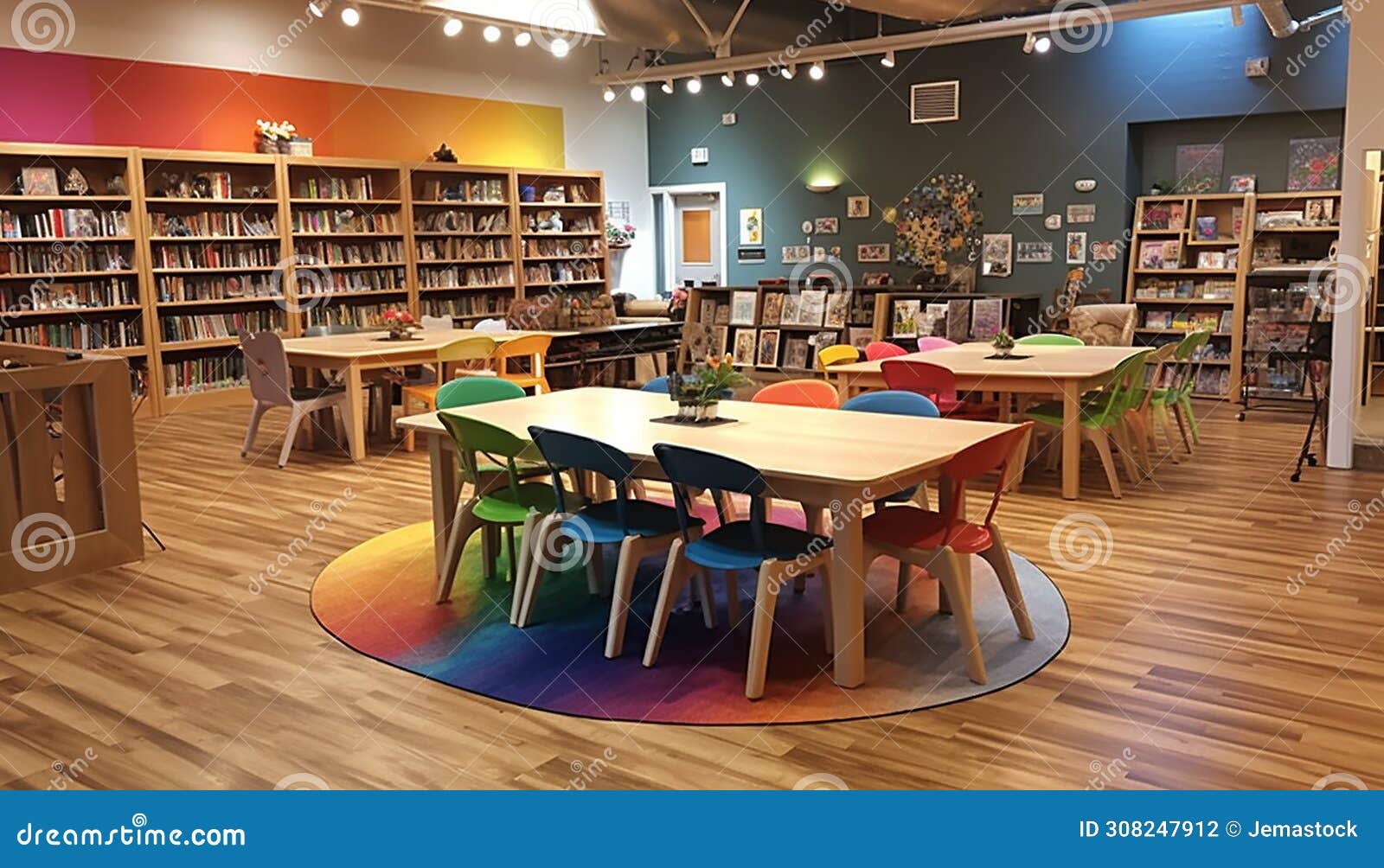 Modern Library with Bright, Multi Colored Bookshelf, Table, and Chair ...