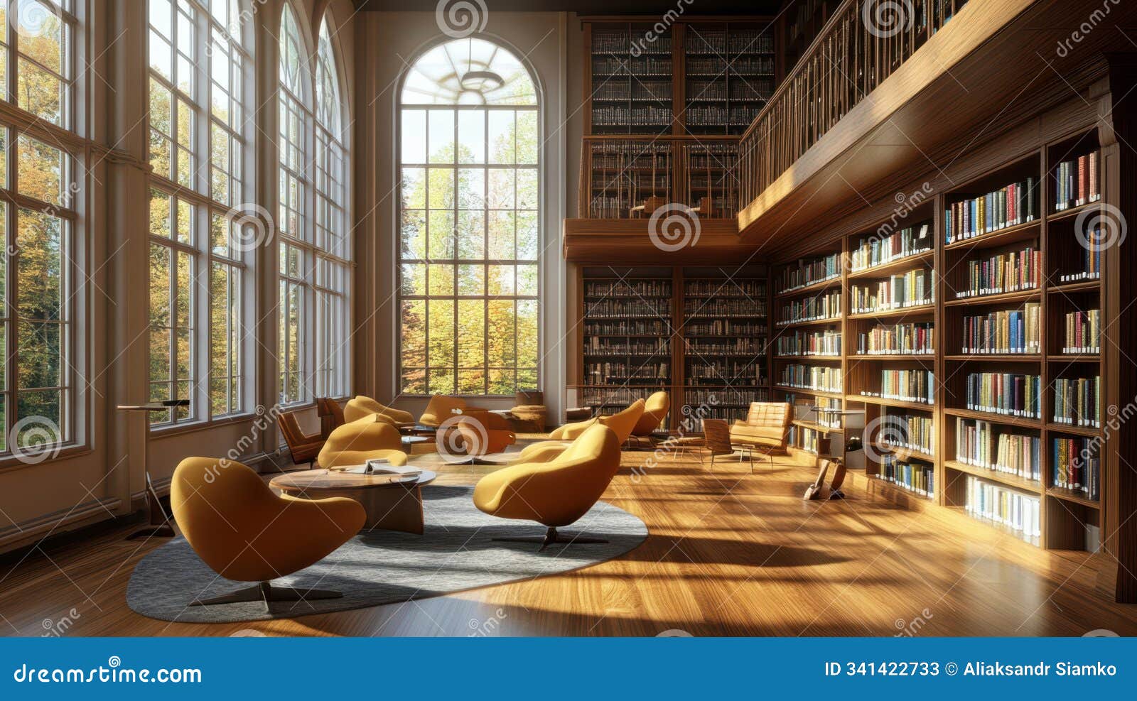 Modern Library with Chairs and Reading Tables 3D Render Stock ...