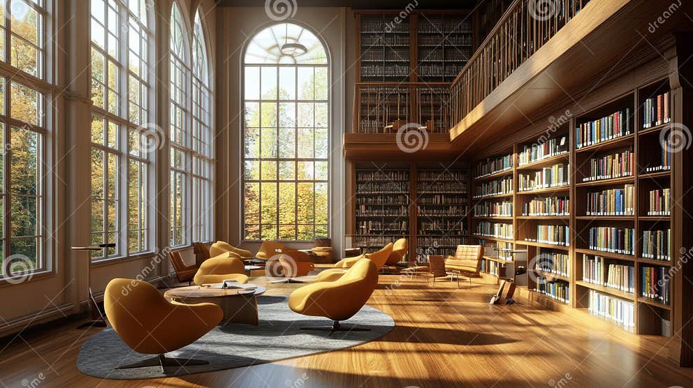 Modern Library with Chairs and Reading Tables 3D Render Stock ...