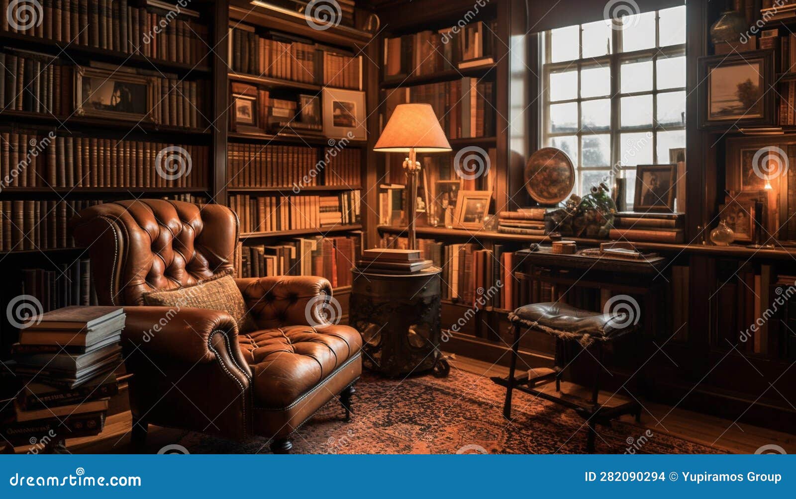 Modern Library Decor with Antique Bookshelf, Comfortable Armchair, and ...