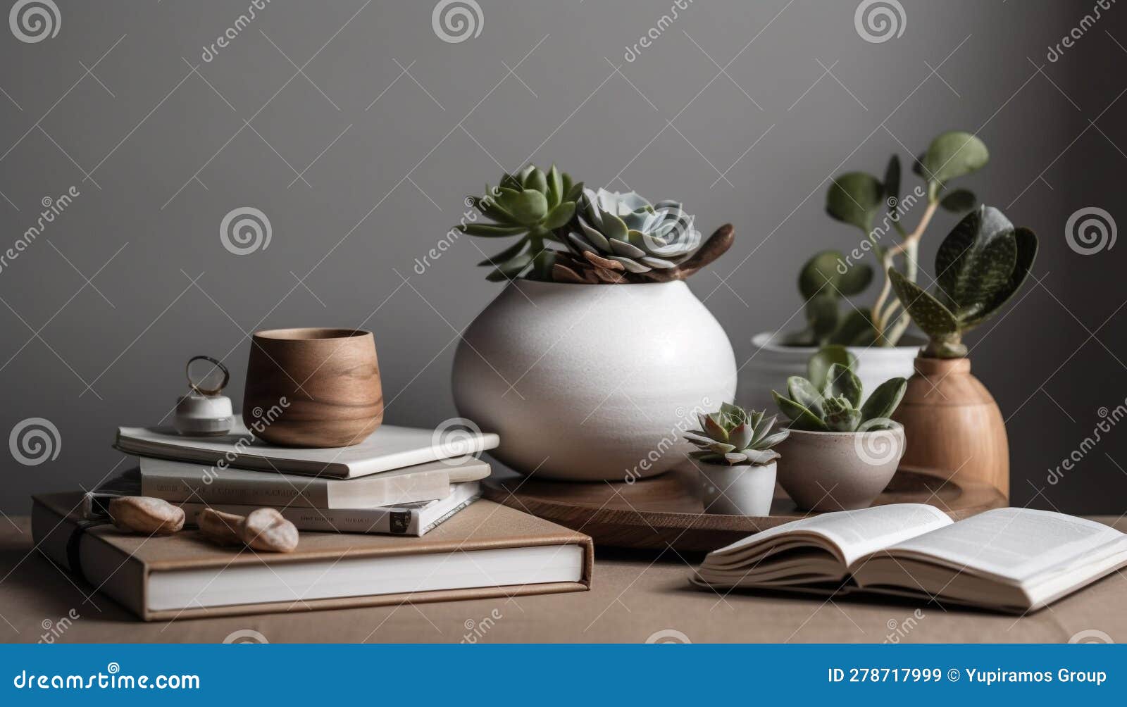 Modern Library Decor Bookshelf Stack, Vase, Flower Pot, Electric Lamp ...