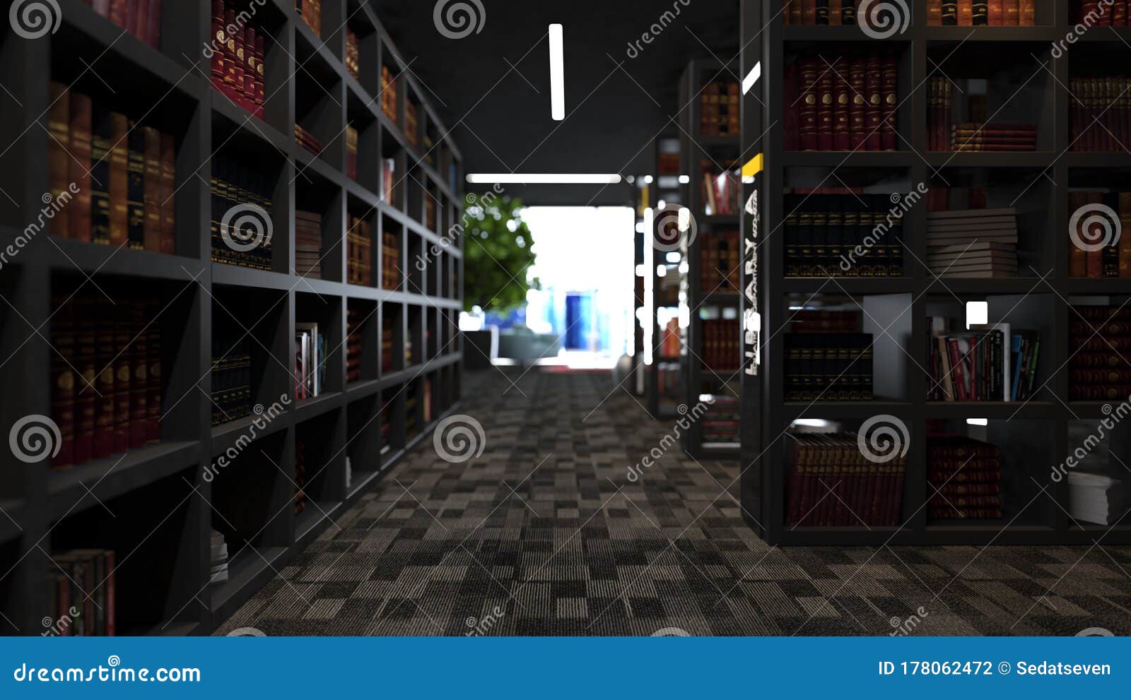 Modern Library Design Consisting of Black Bookcases 3D Rendering Stock ...
