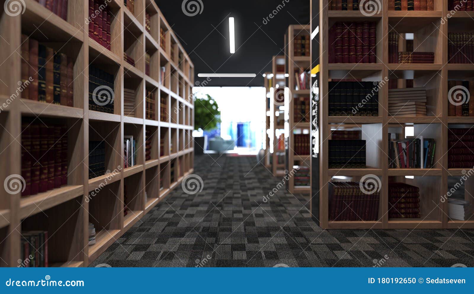 Modern Library Design Consisting of Wooden Bookcases 3D Rendering Stock ...