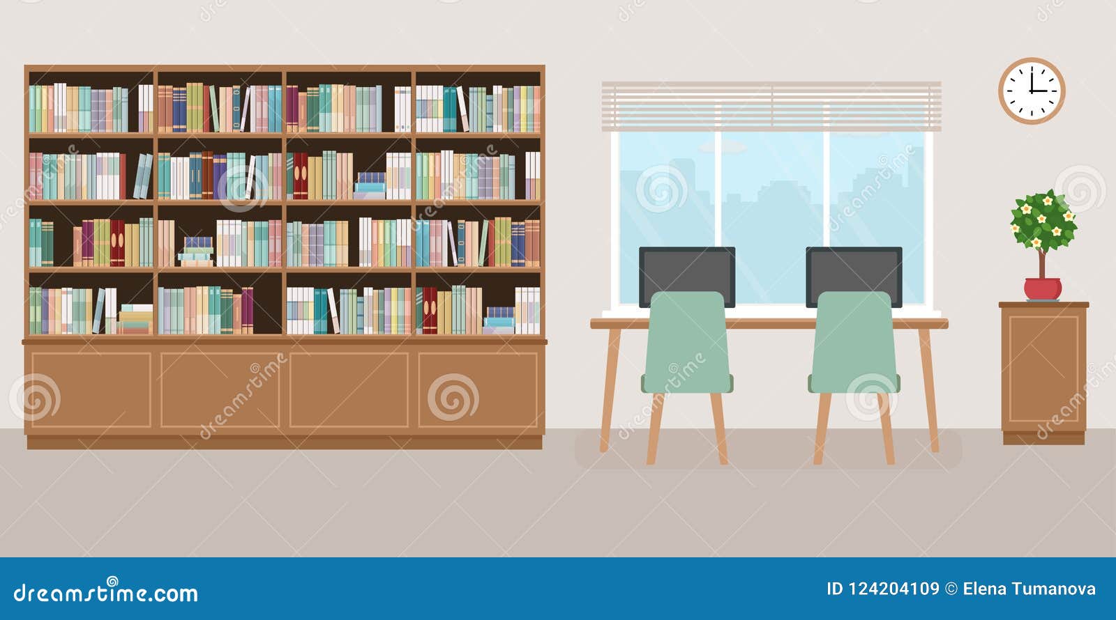 Modern Library Interior Empty No People Bookstore With Bookshelves And ...