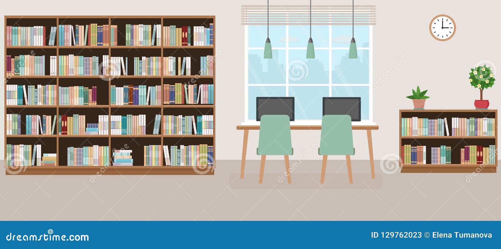 Modern Library Empty Interior with Bookcase, Table, Chairs and ...